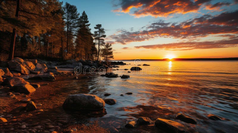 Beautiful Sunset Against the Backdrop of a Lake and Forest Stock ...