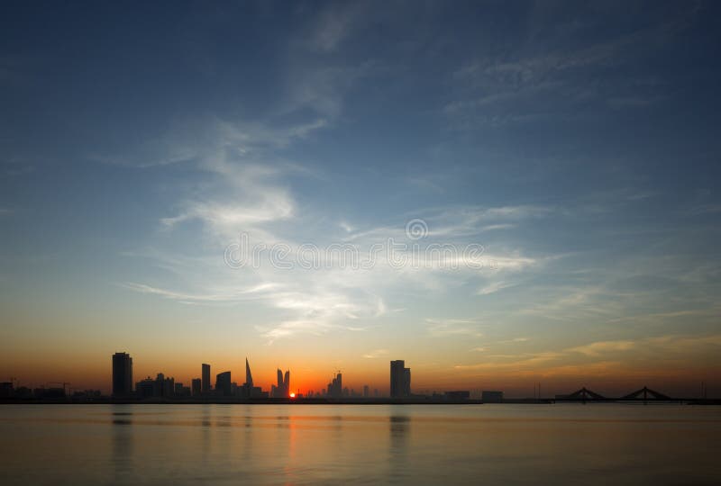 Beautiful Sunset and Bahrain Skyline Stock Photo - Image of skyline ...