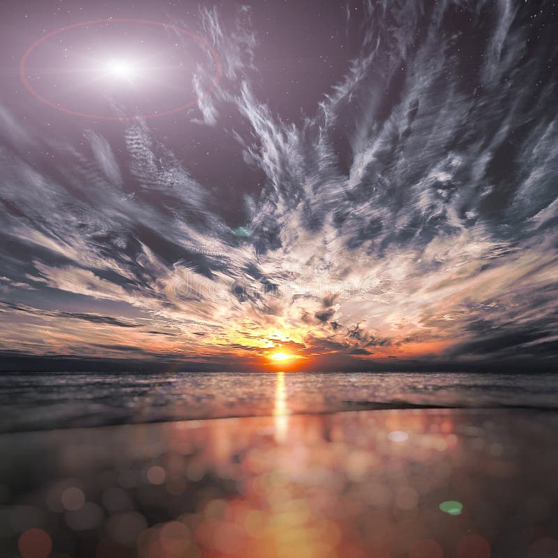 Beautiful Sunset on the Beach, Flash in Outer Space Stock Photo - Image ...