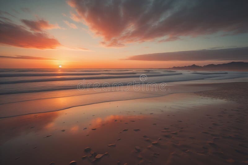 Beautiful Sunset on the Beach with Reflection in the Water. Long ...
