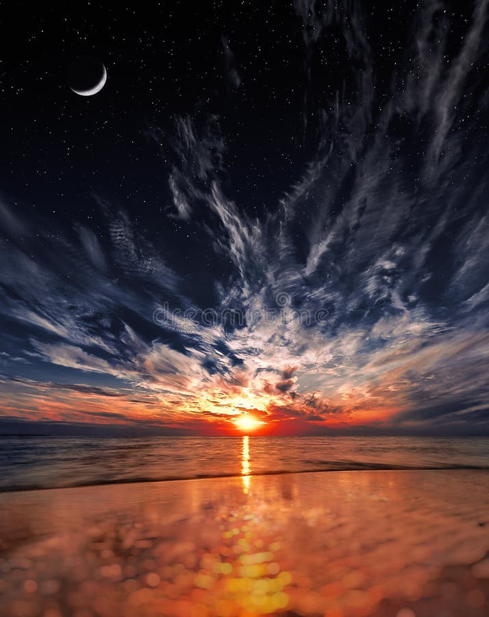 Beautiful Sunset on the Beach, Stars and Moon on the Sky Stock Photo ...
