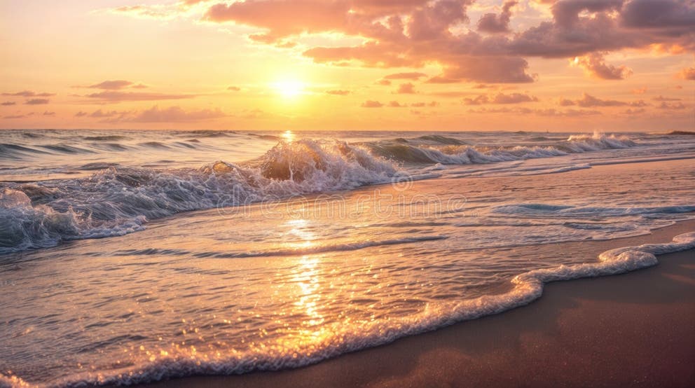 Beautiful Sunset on the Beach with Waves and Clouds in the Sky Stock ...