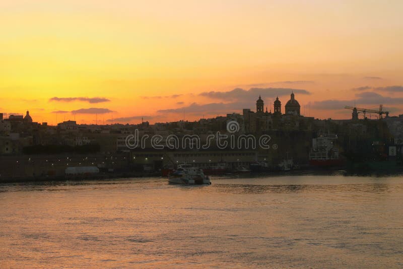 Beautiful Sunset Behind the Skyline in Valletta, Malta Stock Image ...