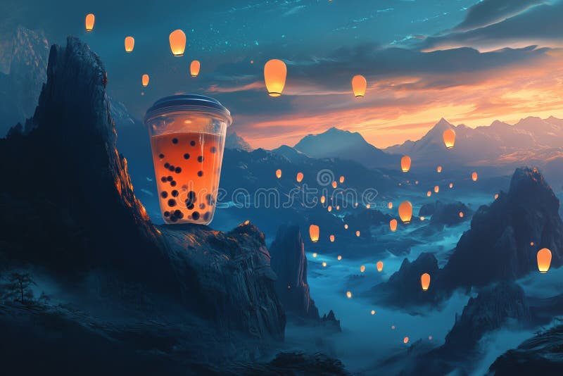 Beautiful Sunset with a Bubble Tea Cup Overlooking Mountains and ...
