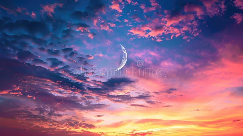 A Beautiful Sunset with a Crescent Moon in the Sky. AIG51A Stock Image ...