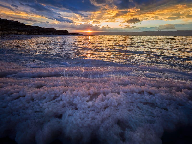 Beautiful Sunset at Dead Sea, Jordan. Salt Beach Stock Image - Image of ...