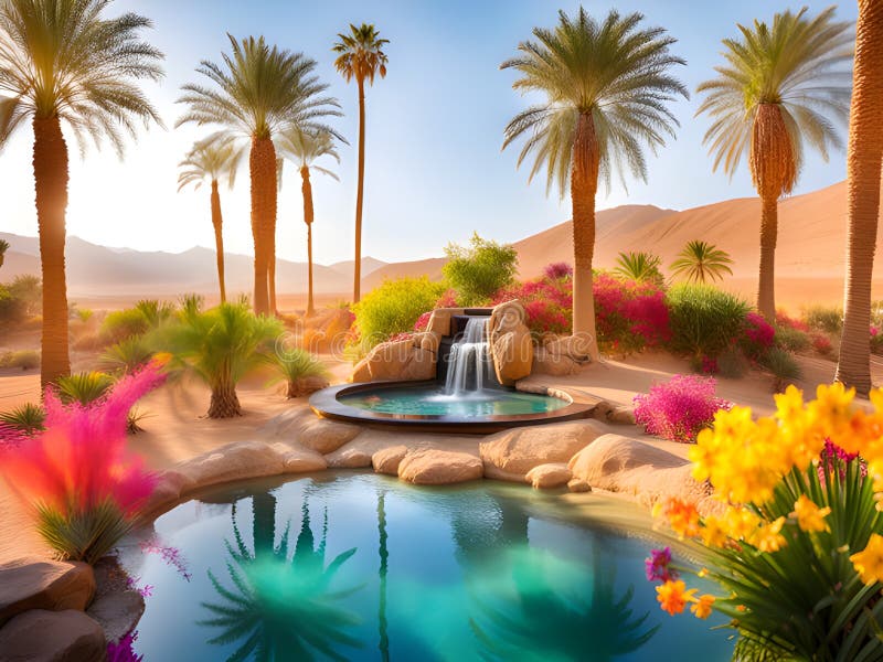 Beautiful Sunset in the Desert with Palm Trees and Mountains Stock ...
