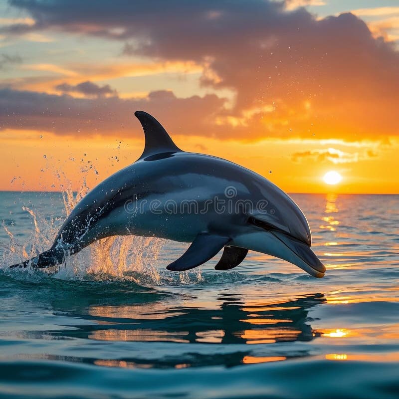Beautiful Sunset, Dolphins Happily Jumping on the Sea Surface Stock ...