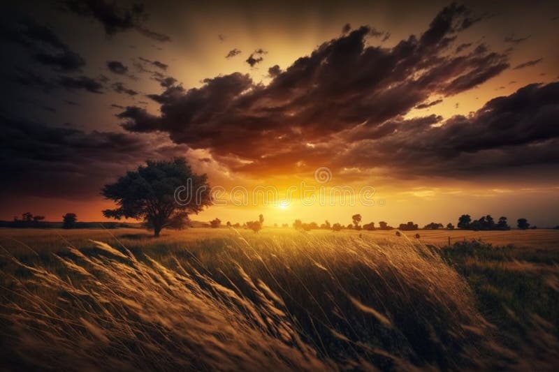Beautiful Sunset with Dramatic Clouds Over Grassy Field Generative AI ...