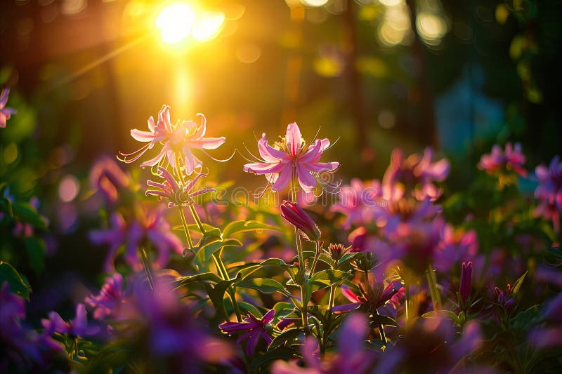A Beautiful Sunset with Flowers in the Foreground Stock Image - Image ...