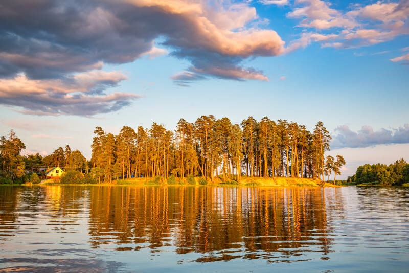 Beautiful Sunset on Forest Lake Stock Photo - Image of reflection ...