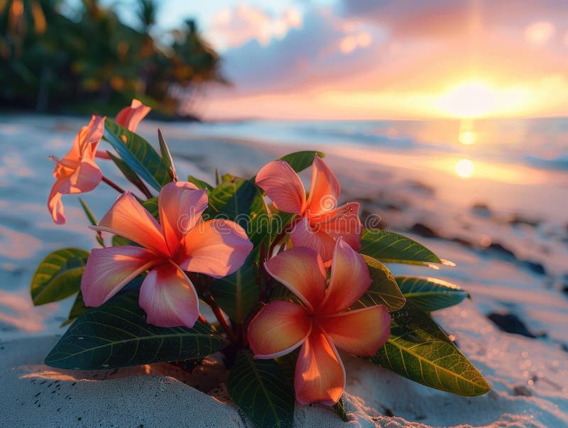 Beautiful Sunset with Hibiscus Flowers on Sandy Beach Stock ...