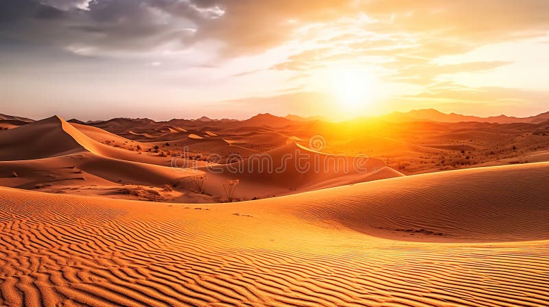 Beautiful Sunset in Hot Desert with Dunes AI Generated Image Stock ...