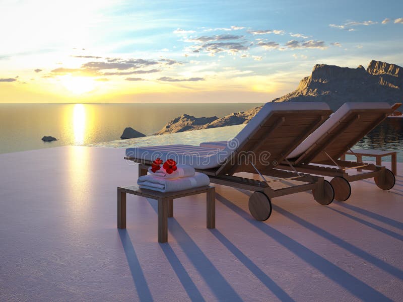 Beautiful Sunset at the Infinity Pool. 3d Rendering Stock Illustration ...