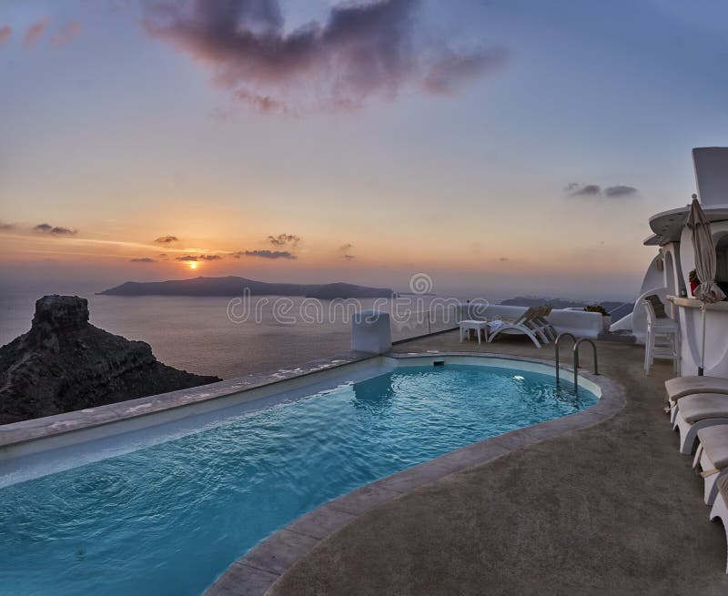 Beautiful Sunset at Infinity Pool in Santorini Stock Image - Image of ...