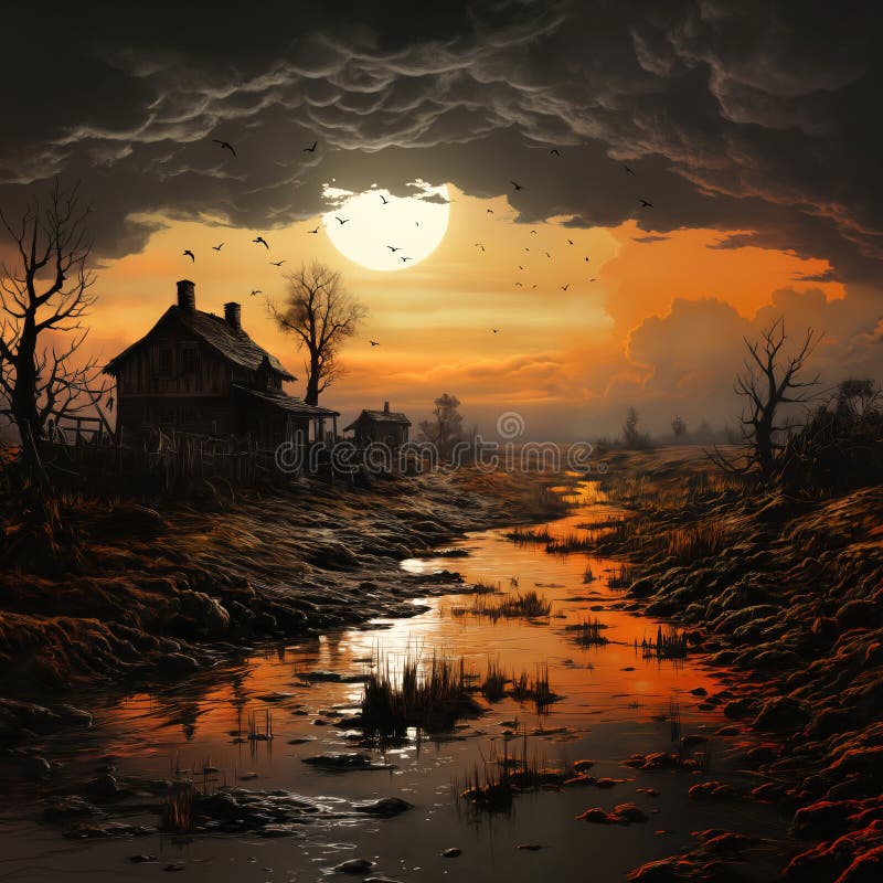 Beautiful Sunset Landscape, a Hut in Sunset Field, Dark Dramatic Sky ...