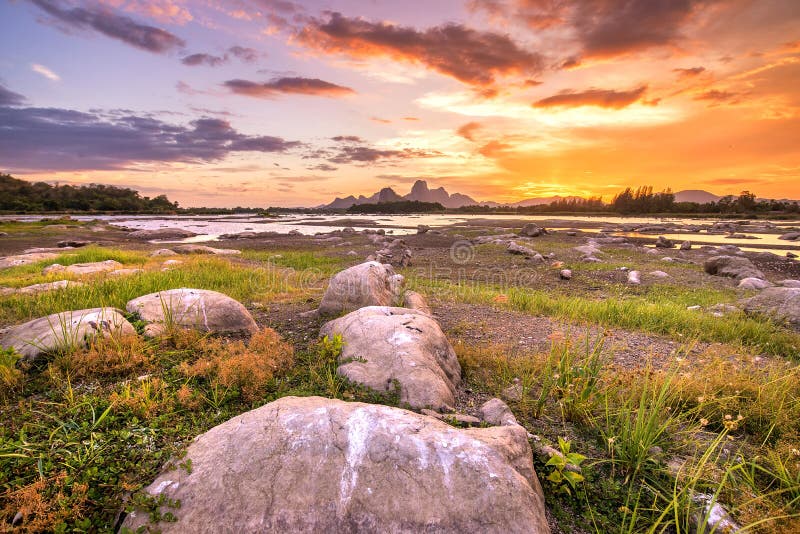 Beautiful Sunset Landscape with Mountain and Rock Stock Photo - Image ...