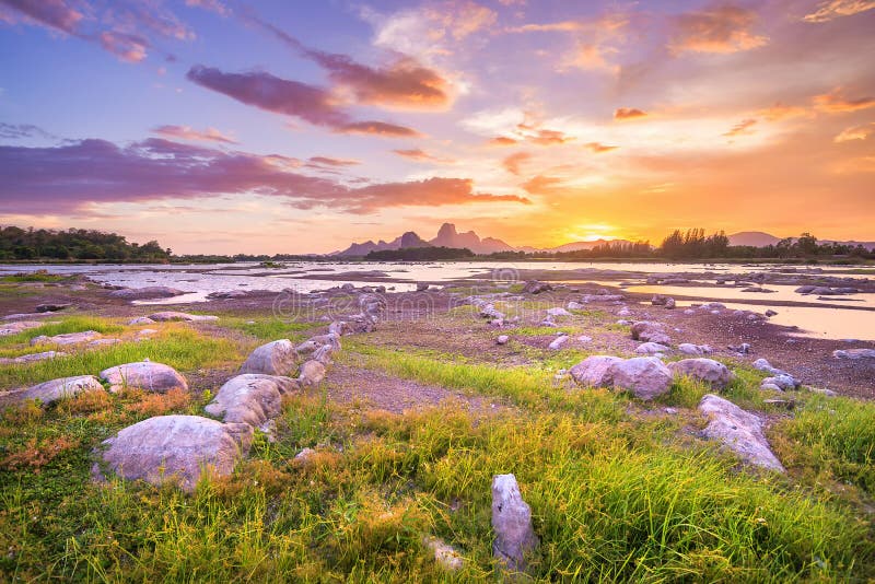 Beautiful Sunset Landscape with Mountain and Rock Stock Photo - Image ...