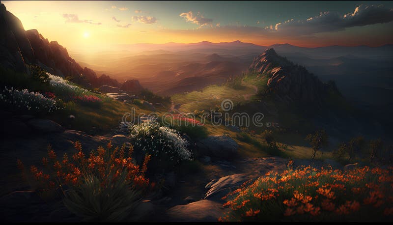 Beautiful Sunset in the Mountains. Landscape with Flowers Stock ...