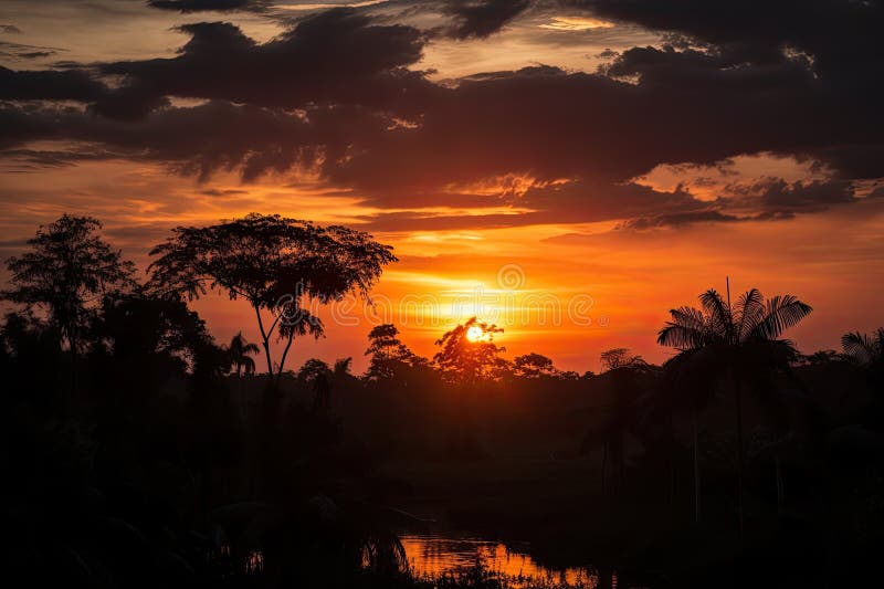 Beautiful Sunset Over the Amazonian Rainforest Stock Illustration ...