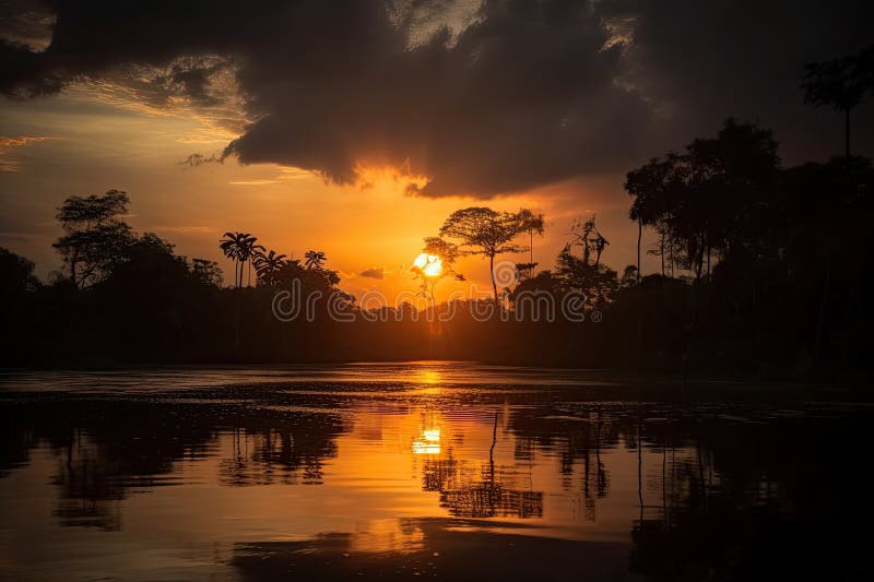 Beautiful Sunset Over the Amazonian Rainforest Stock Illustration ...