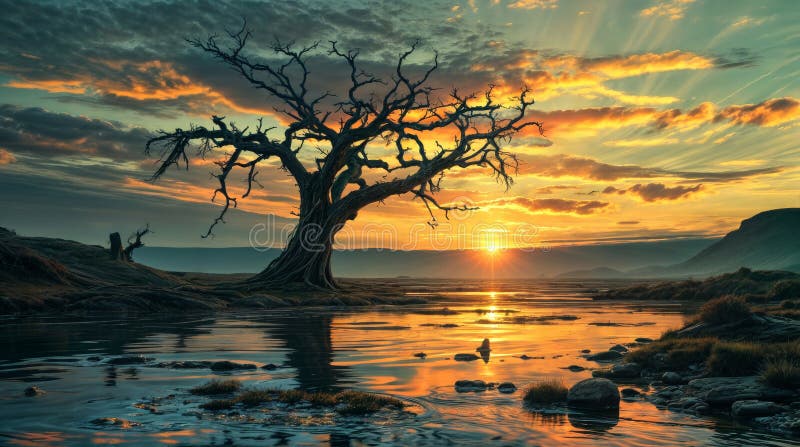 Beautiful Sunset Over a Dead Tree in the Lake Stock Illustration ...