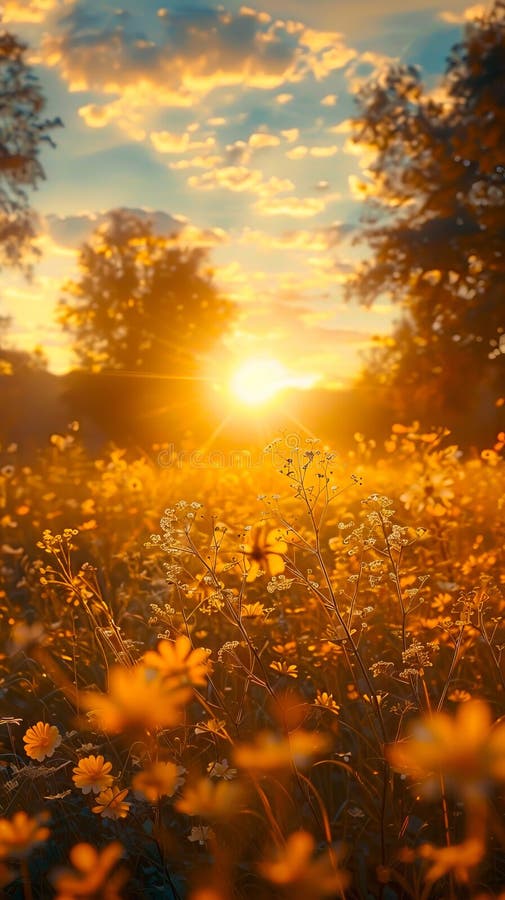 A Beautiful Sunset Over a Field of Flowers Stock Image - Image of ...
