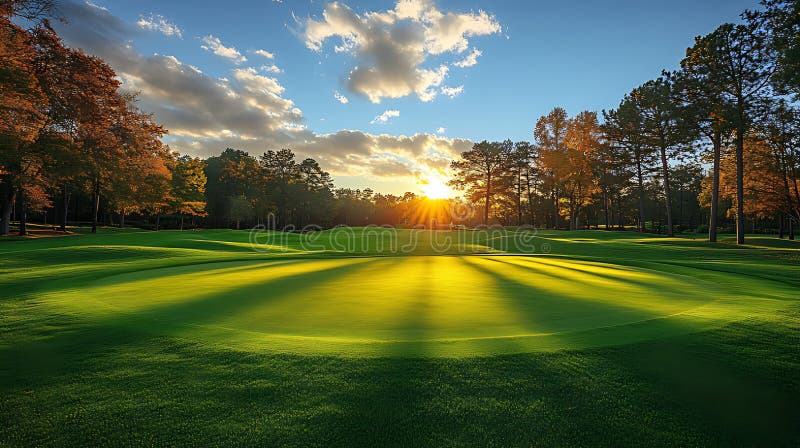 A Beautiful Sunset Over a Golf Course with the Sun Casting Long Shadows ...