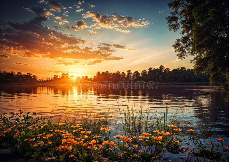 Beautiful Sunset Over the Lake with Orange Flowers. Nature Composition ...
