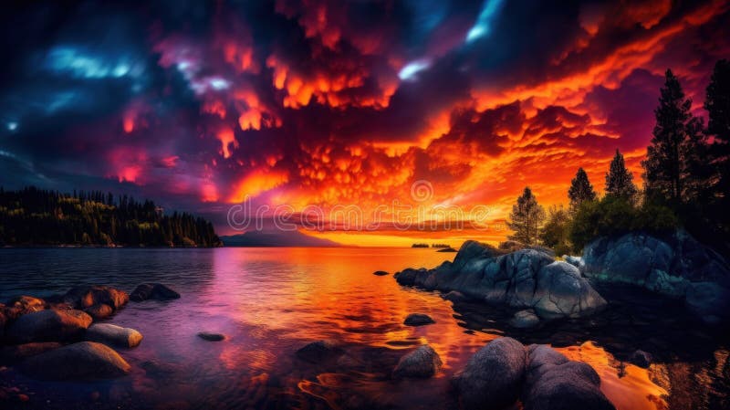 A Beautiful Sunset Over a Lake with Rocks and Trees. Generative AI ...