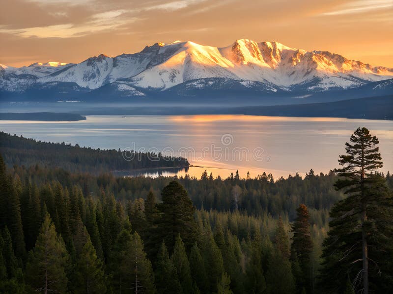 Sunset Over a Lake and Snow Mountain Stock Image - Image of forest ...