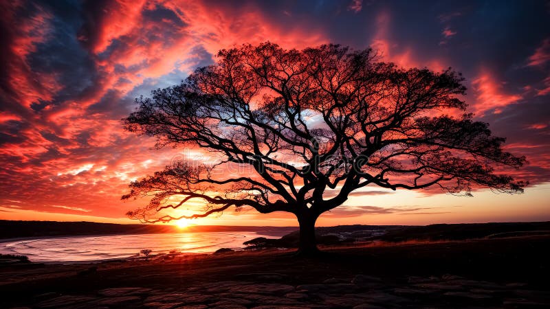 Beautiful Sunset Over the Lake with a Tree Silhouette in the Foreground ...