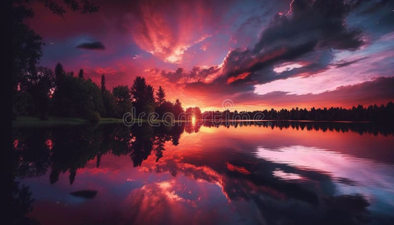 A Beautiful Sunset Over a Lake with Trees in the Foreground and Clouds ...