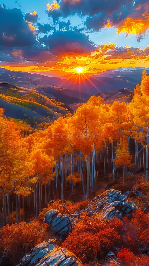 A Beautiful Sunset Over the Mountains with Trees and Aspen Trees Stock ...
