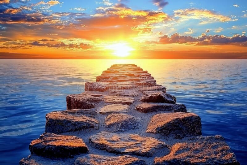 Beautiful Sunset Over the Ocean Behind a Rocky Pier Stock Photo - Image ...