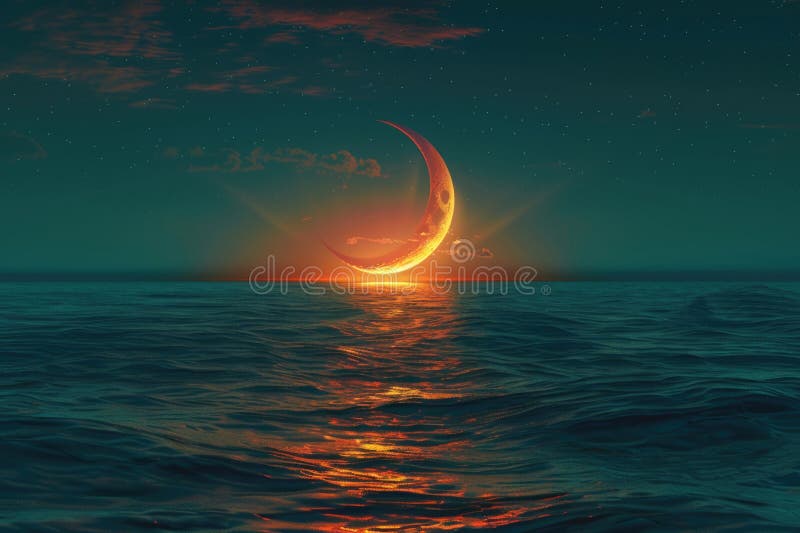 A Beautiful Sunset Over the Ocean with a Crescent Moon in the Sky ...