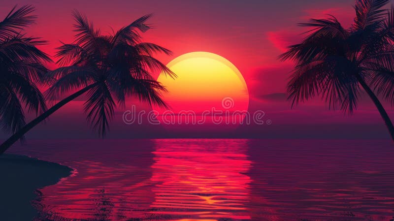 A Beautiful Sunset Over the Ocean with Palm Trees in the Background ...