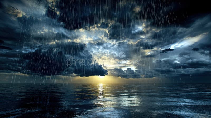 A Beautiful Sunset Over the Ocean with Rain Coming Down, AI Stock Photo ...