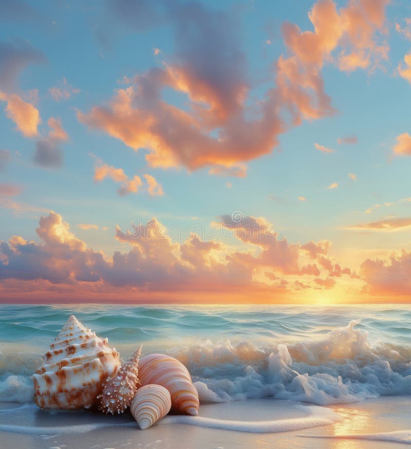 Beautiful Sunset Over Ocean with Seashells on Sandy Beach Stock Image ...