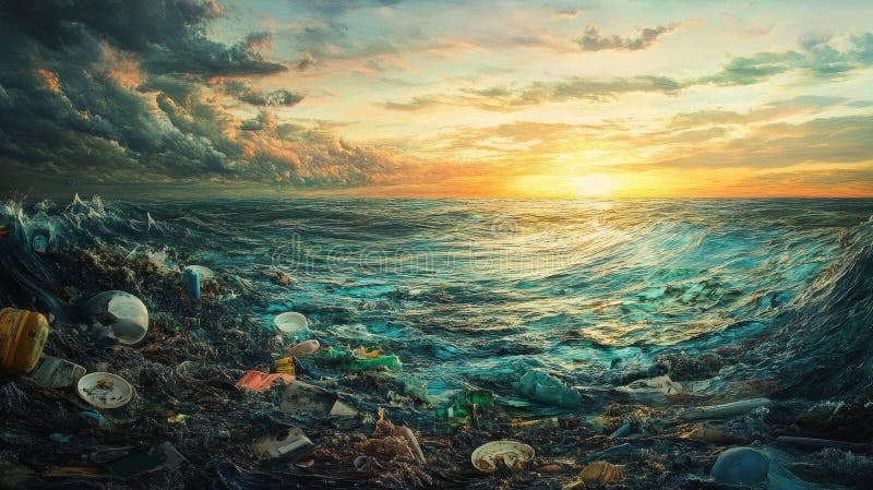 Beautiful Sunset Over Ocean Water Pollution and Plastic Waste Stock ...
