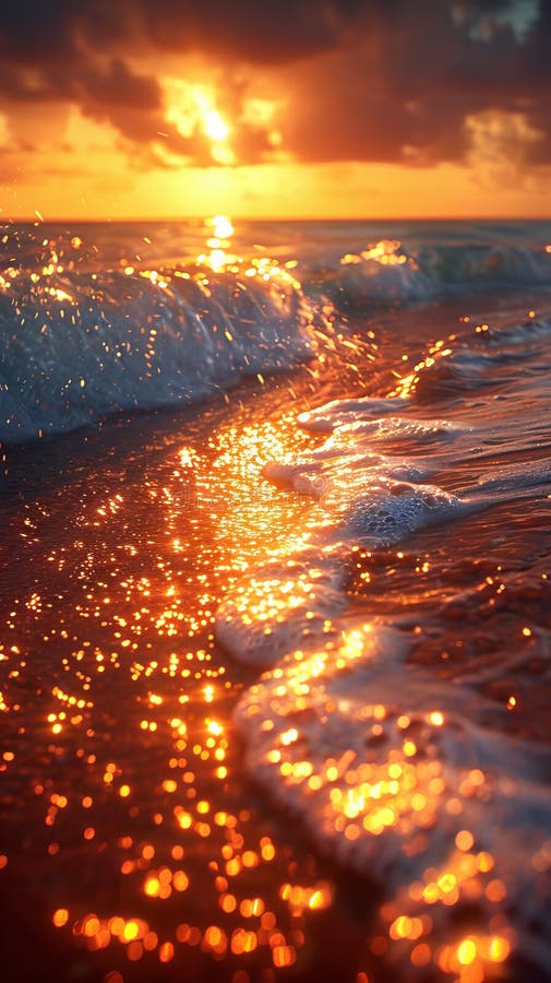 A Beautiful Sunset with Golden Sparkles on the Beach Stock Image ...