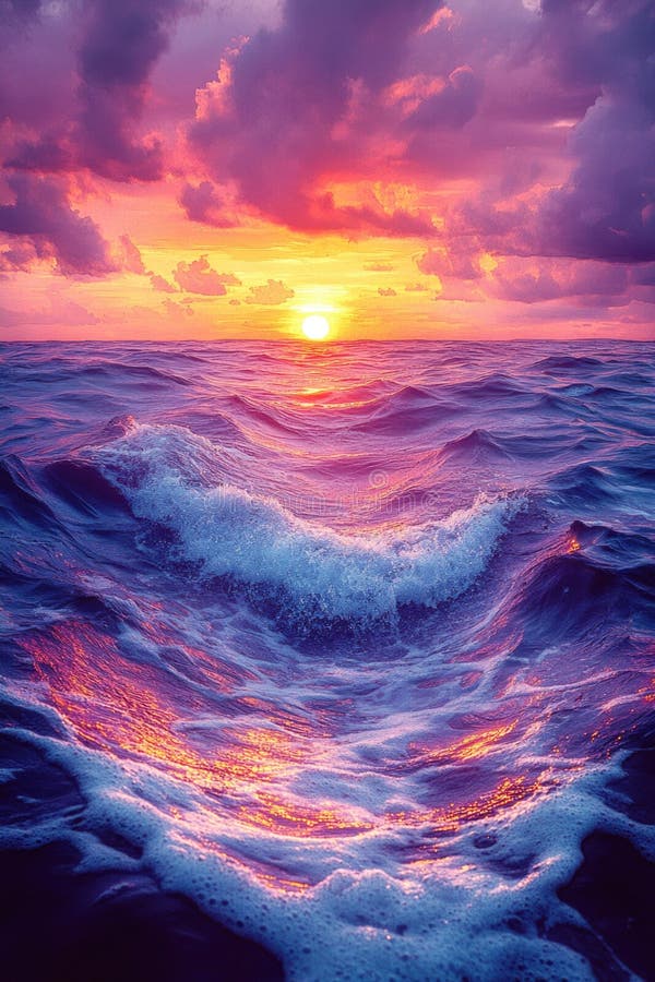 A Beautiful Sunset Over the Ocean with Waves, Great for Beach or Travel ...