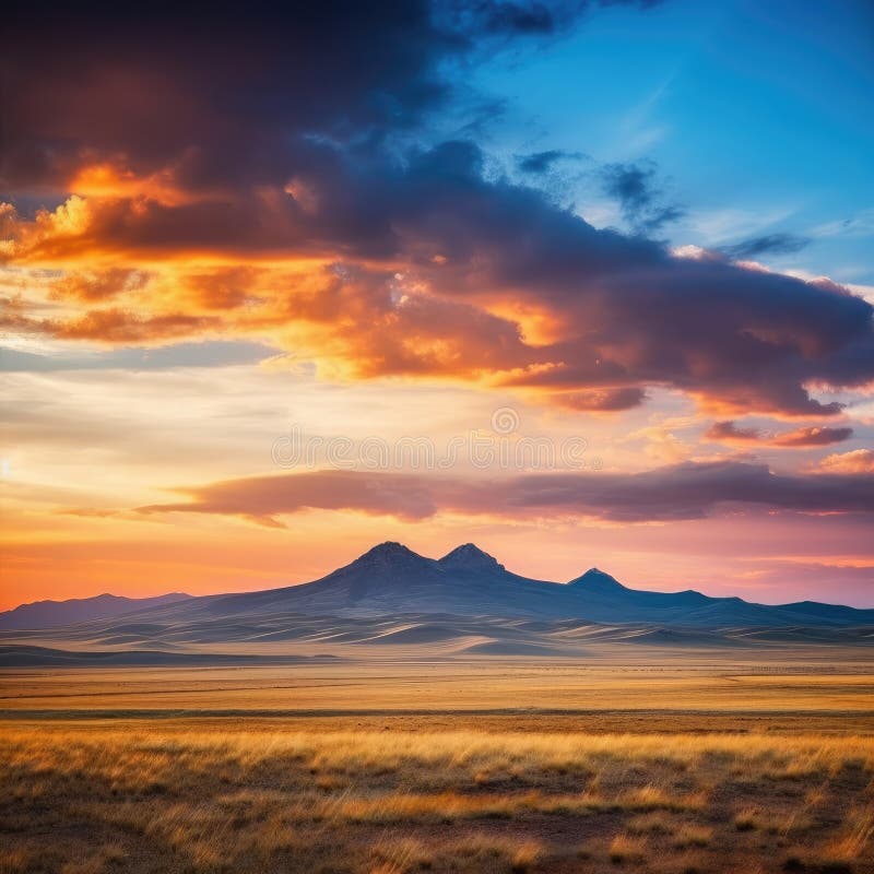 Beautiful Sunset Over the Plains with Mountains in the Distance Stock Illustration ...