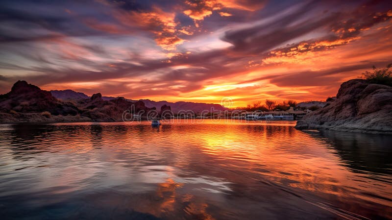 Beautiful Sunset Over the River. Generative AI Stock Illustration ...