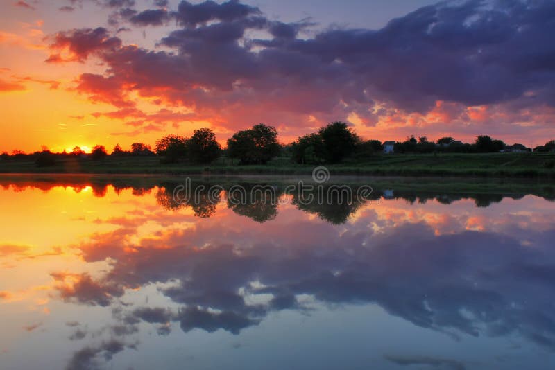 Beautiful Sunset Over the River in the Spring Countryside Stock Image ...