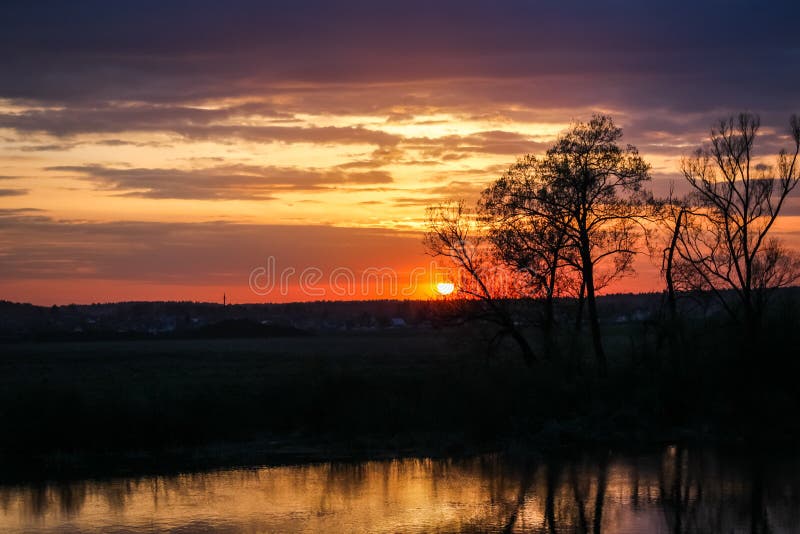 Beautiful Sunset Over the River in Spring Stock Image - Image of tree ...