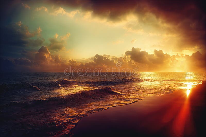 Beautiful Sunset Over the Sea on the Beach. Digital Art. Stock ...