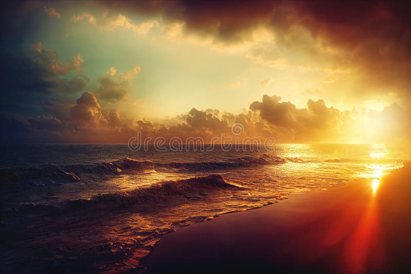 Beautiful Sunset Over the Sea on the Beach. Digital Art. Stock ...
