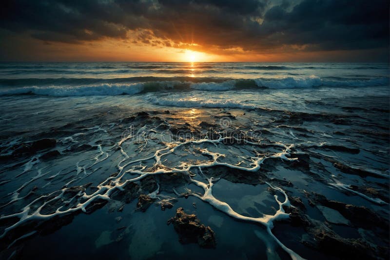 Beautiful Sunset Over the Sea Dramatic Seascape Stock Illustration ...
