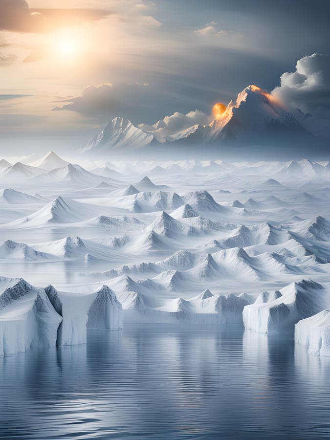 A Beautiful Sunset Over the Sea and Ice Mountain Stock Illustration ...